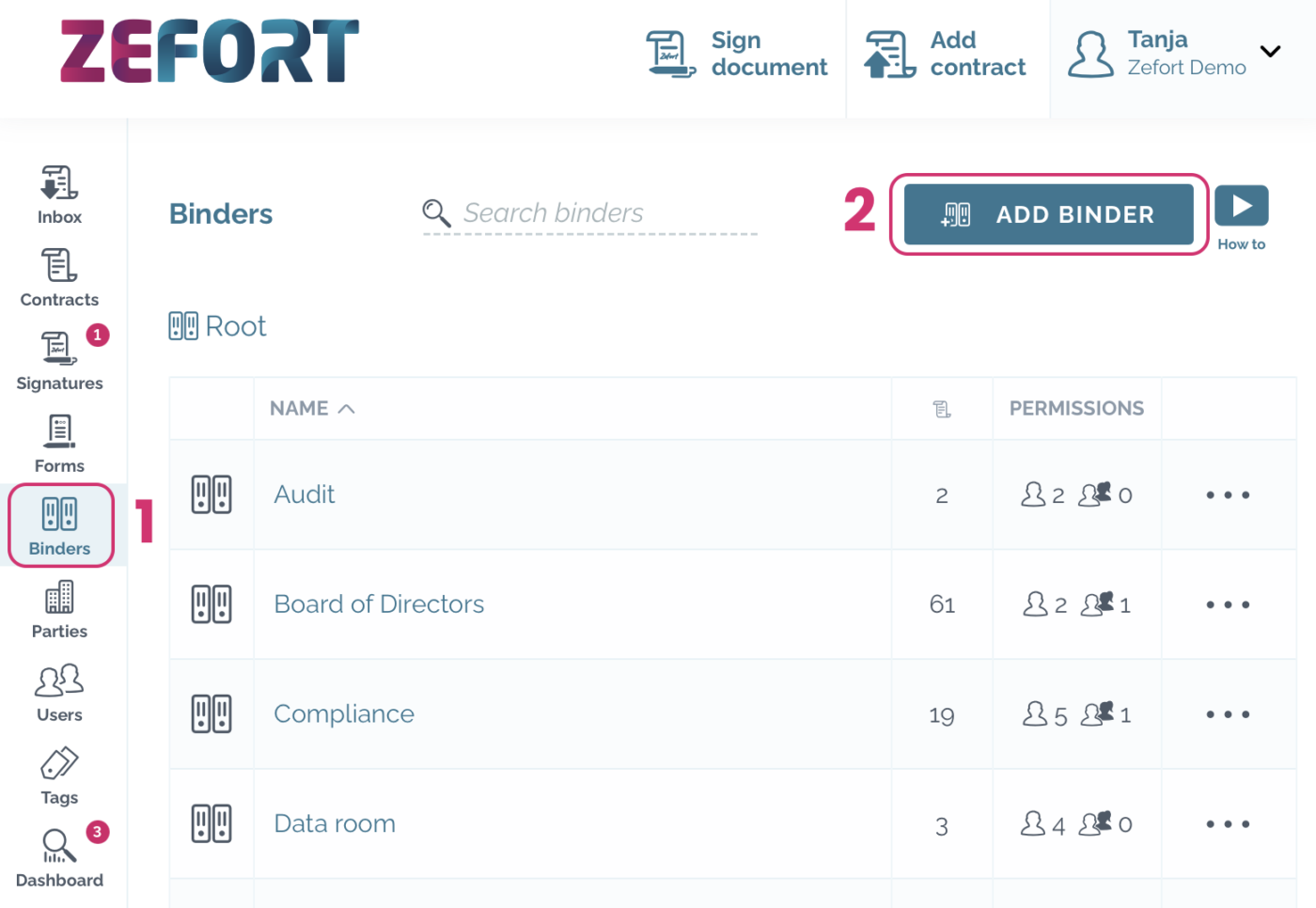 Create a new binder | Zefort