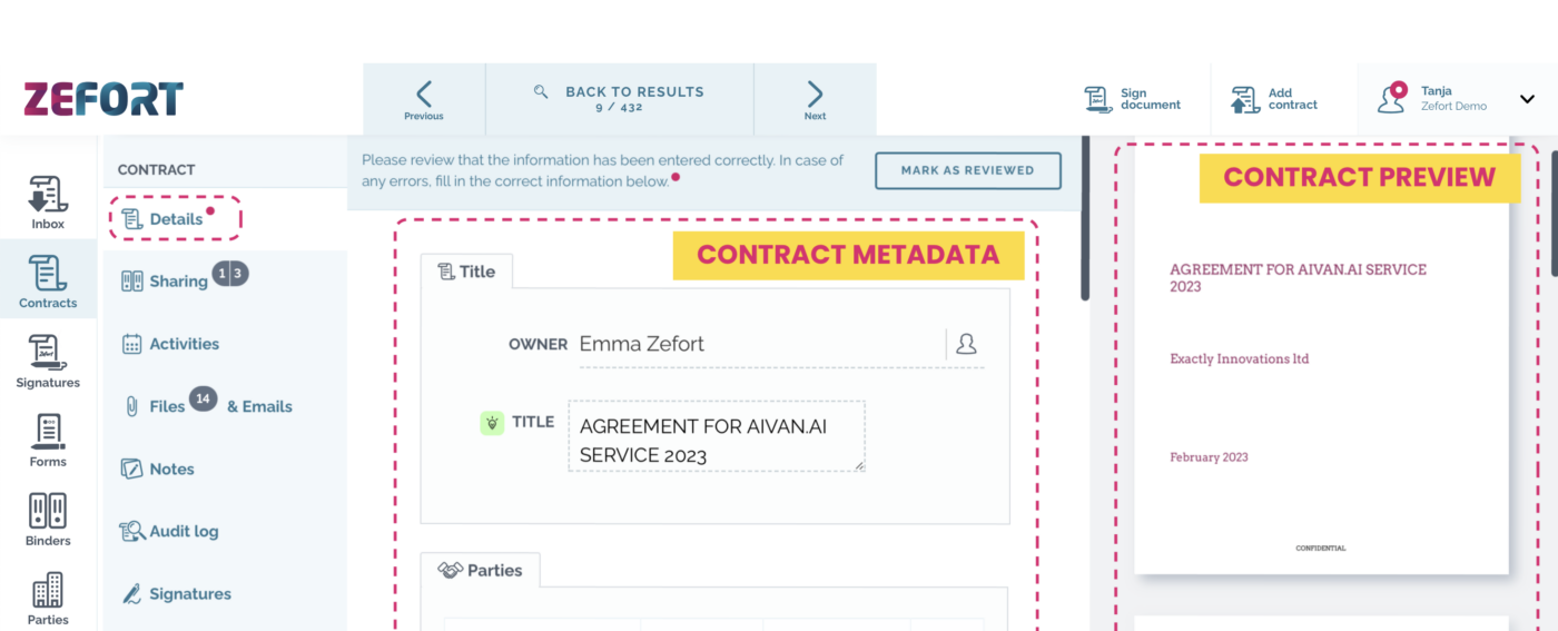 Reviewing contract information | Zefort
