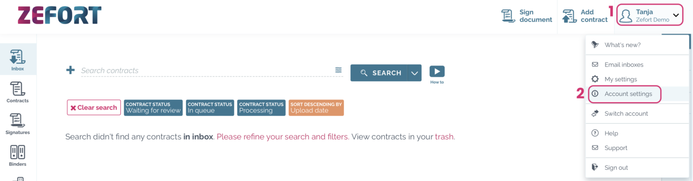 Account settings overview (admin) | Zefort