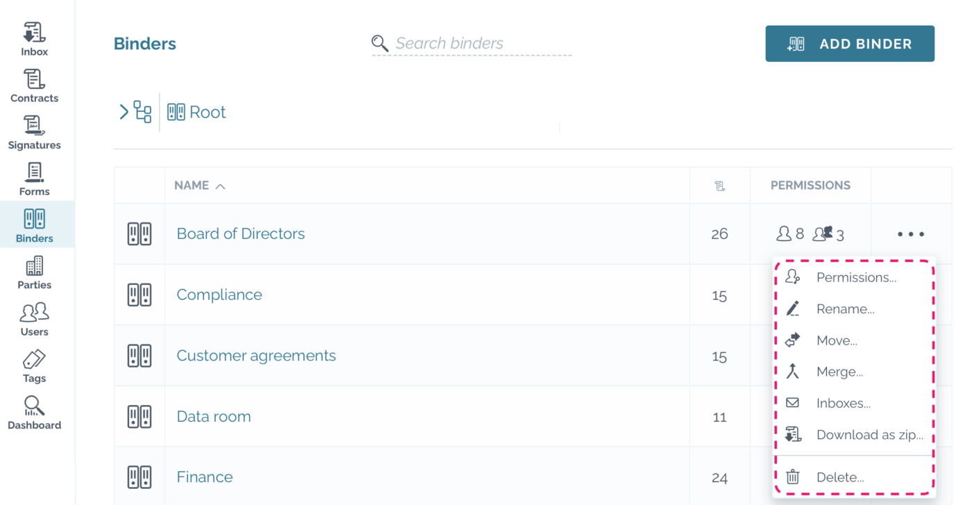 Edit binders | Zefort