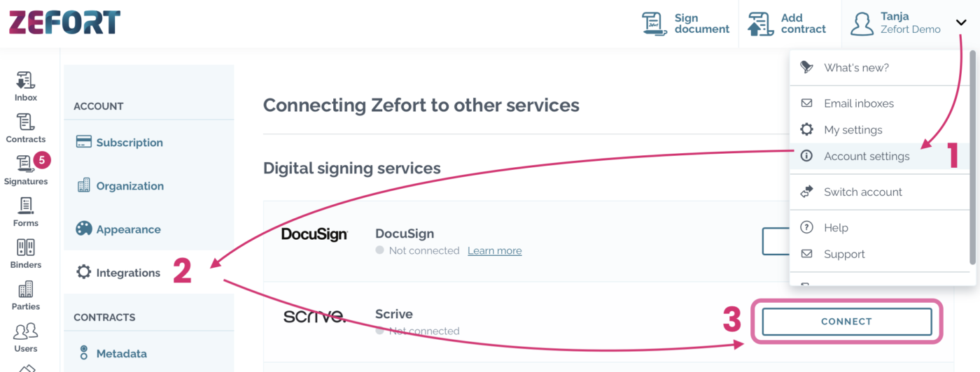 Configuring e-sign integrations | Zefort