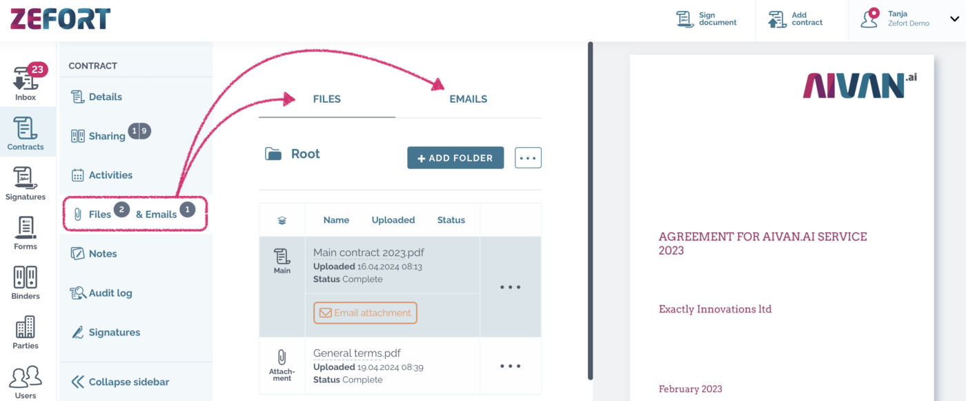Contract files and emails | Zefort