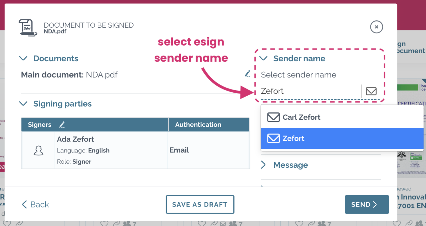 Selecting signature request sender | Zefort