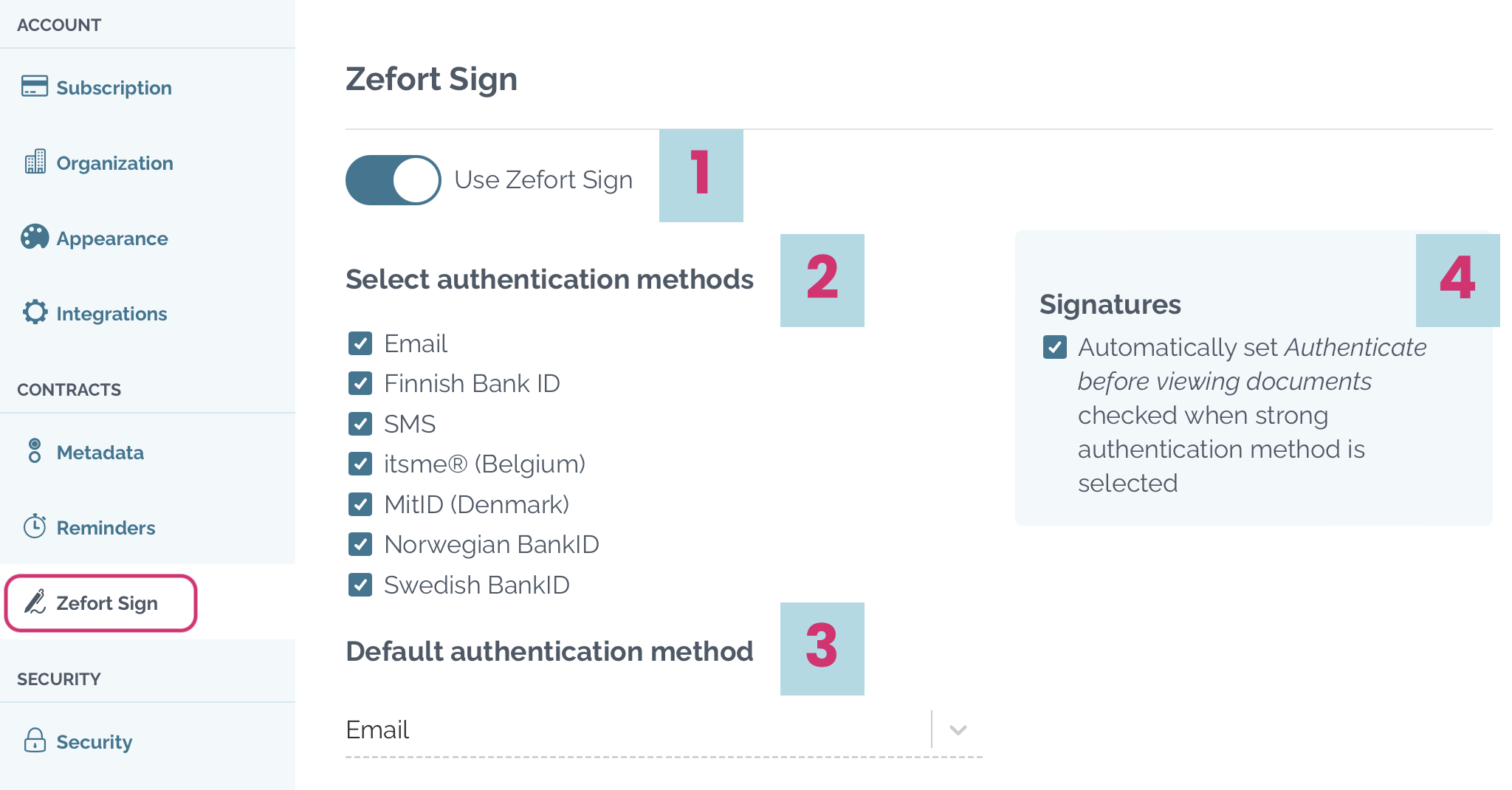 Zefort Sign settings | Zefort